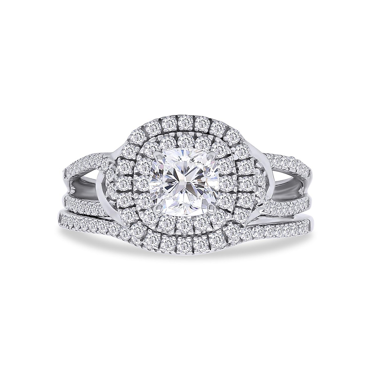 SAVEARTH DIAMONDS 1 CT Center 5MM Cushion & Round Cut Lab Created Moissanite Diamond Double Halo Split Shank Bridal Set Ring In 14K White Gold Over Sterling Silver(VVS1 Clarity)-10