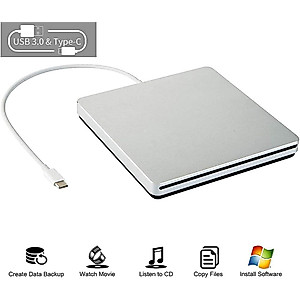 Aouan External CD DVD Drive Burner/Portable/Slim/Reader/Type-c/USB-C Drive(Equipped with USB 3.0 Adapter) for MacBook Pro/PC/Mac/Laptop/Air Windows7/ Windows8 /Windows10 (Sliver)