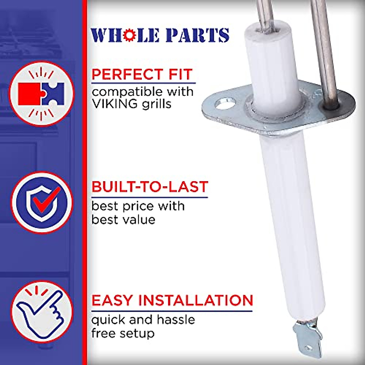 Whole Parts BBQ Grill Burner Ignitor Electrode Part # 008090-000 - Replacement & Compatible with Some Viking Grills - Replaces AP5318792 - Non-OEM Appliance Parts & Accessories - 2 Yr Warranty