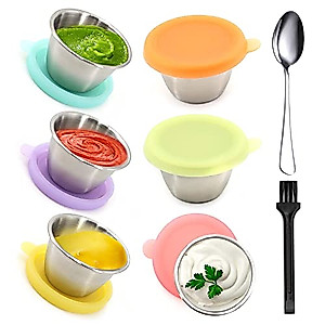 Meltset Salad Dressing Container To Go, 2.5oz Condiment Containers with Lids Reusable Small Sauce Cups for Bento Lunch Box Stainless Steel Leakproof Food Storage Containers (6 Pack, 6 Colors)