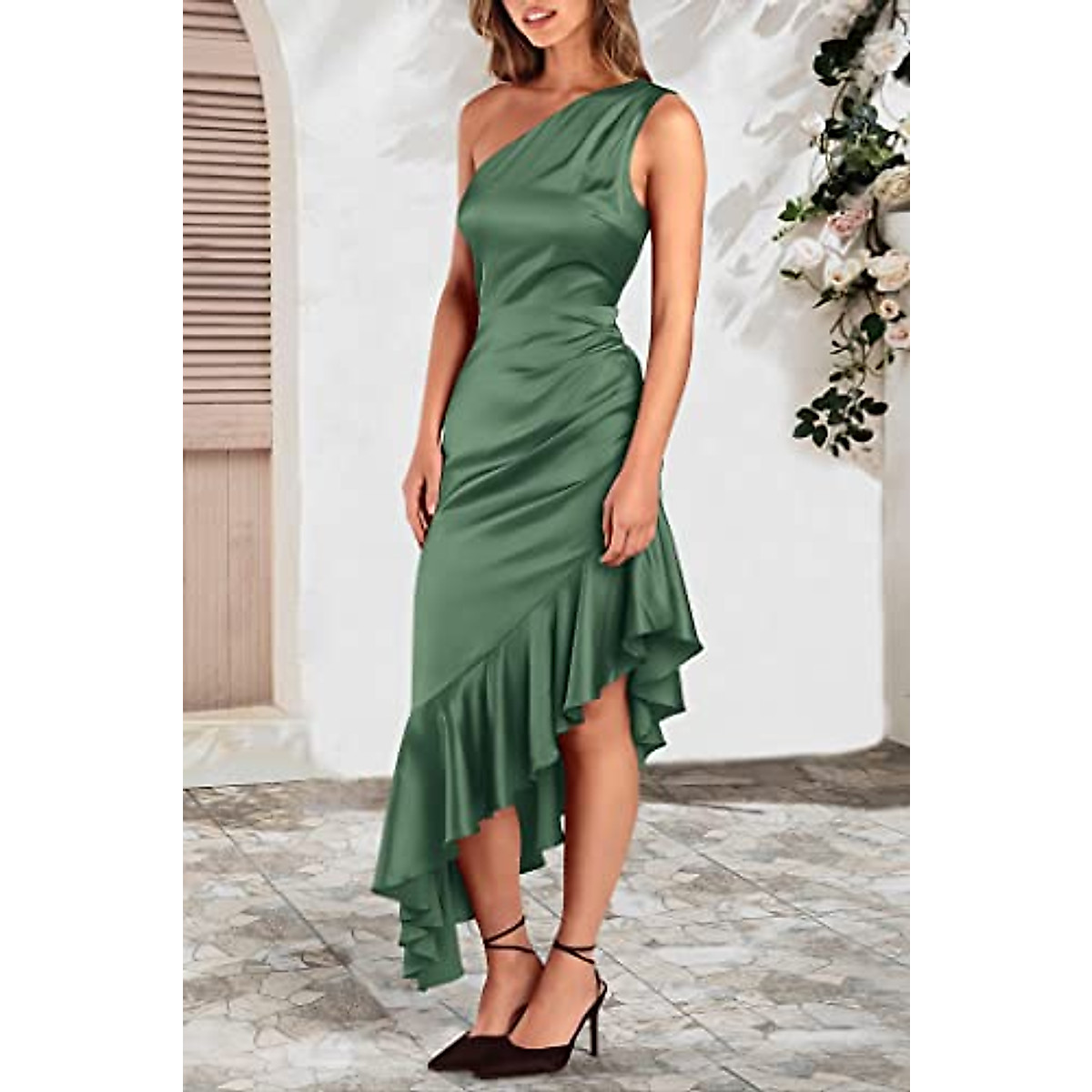 PRETTYGARDEN Women's 2023 Casual Summer Dress One Shoulder Sleeveless Ruffle Hem Wedding Guest Ruched Bodycon Maxi Dresses (Army Green,Medium)