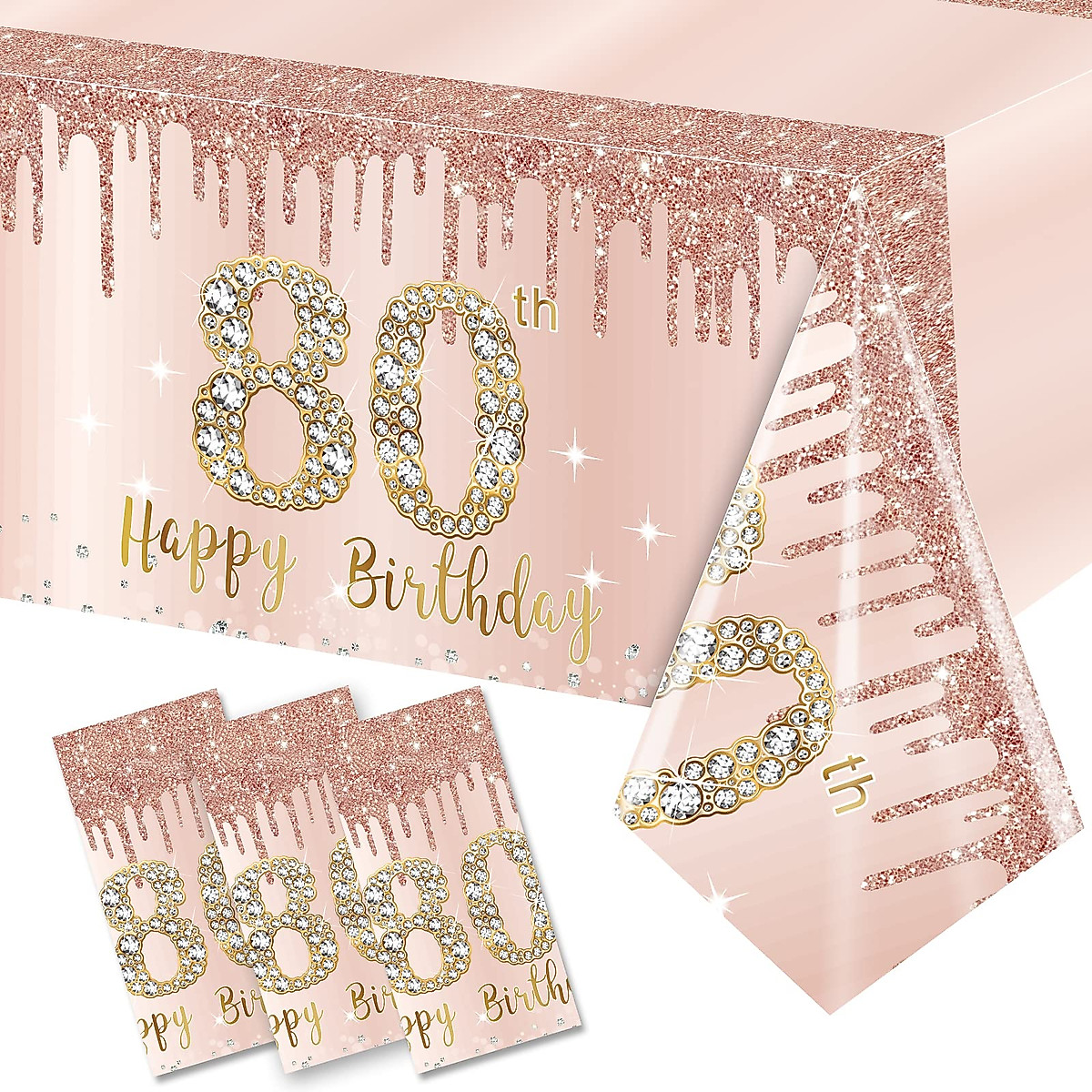 Excelloon 3 Pack 80th Birthday Tablecloth Decorations for Women, Pink Rose Gold Happy 80 Birthday Table Cover Party Supplies, 80 Year Old Birthday Plastic Disposable Rectangular Table Cloth Decor