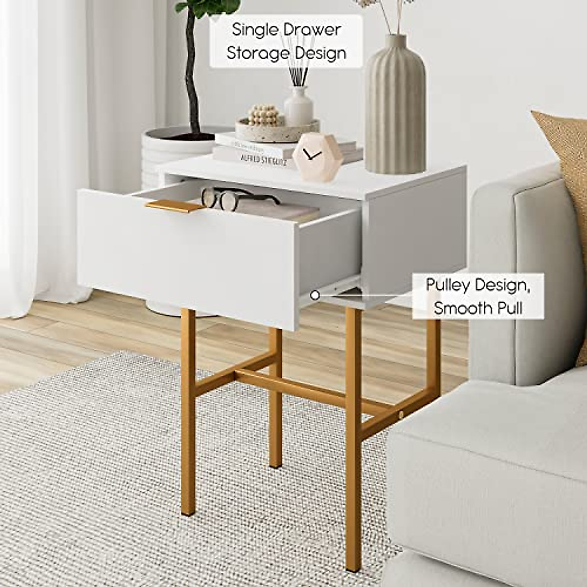 Masupu Nightstand,Mid-Century Modern Bedside Table with Drawer,Small End Table with Gold Frame for Bedroom,Living Room,Classic White