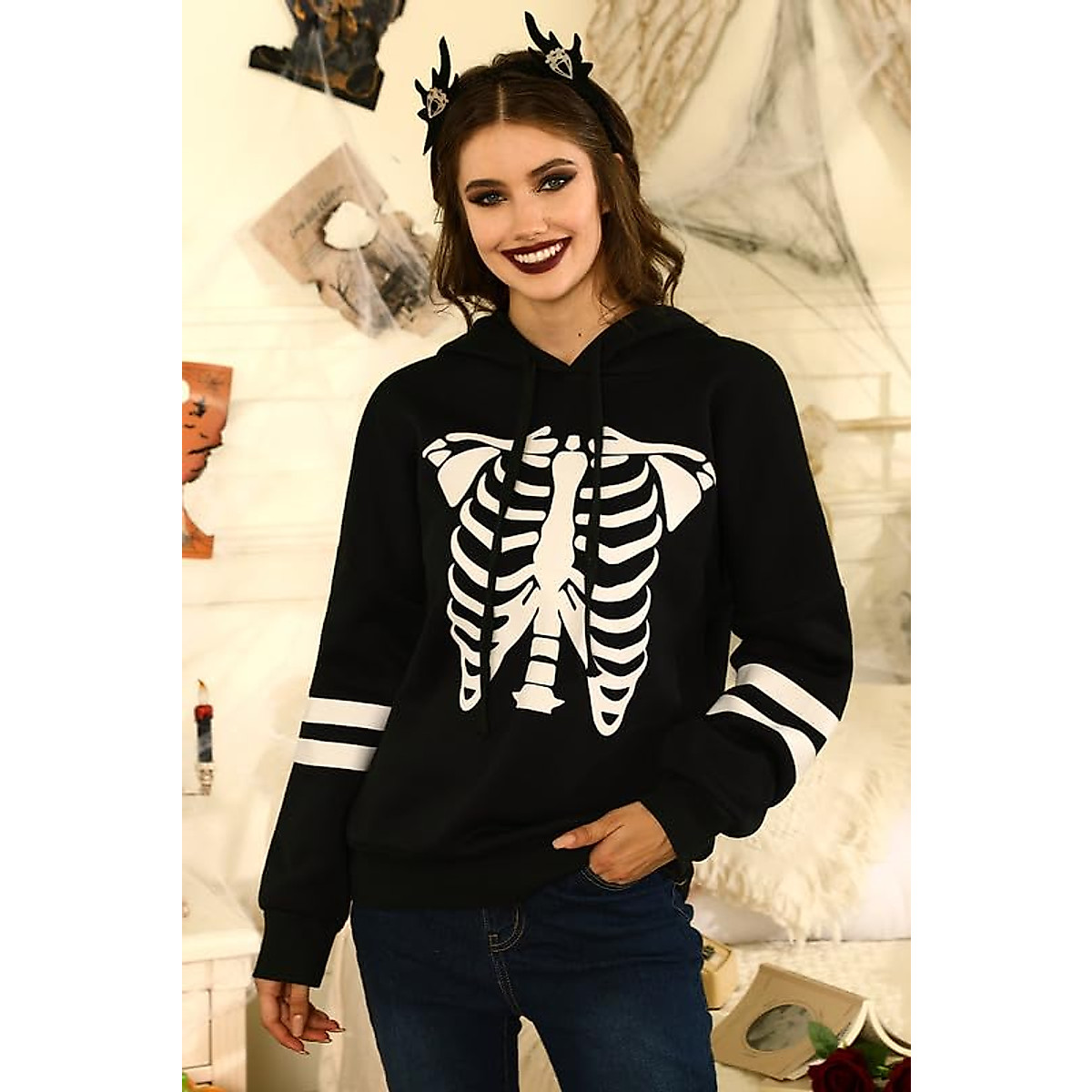 Women Halloween Funny Spooky Pullover Sweatshirts Graphic Print Long Sleeves Hoodie Skeleton M