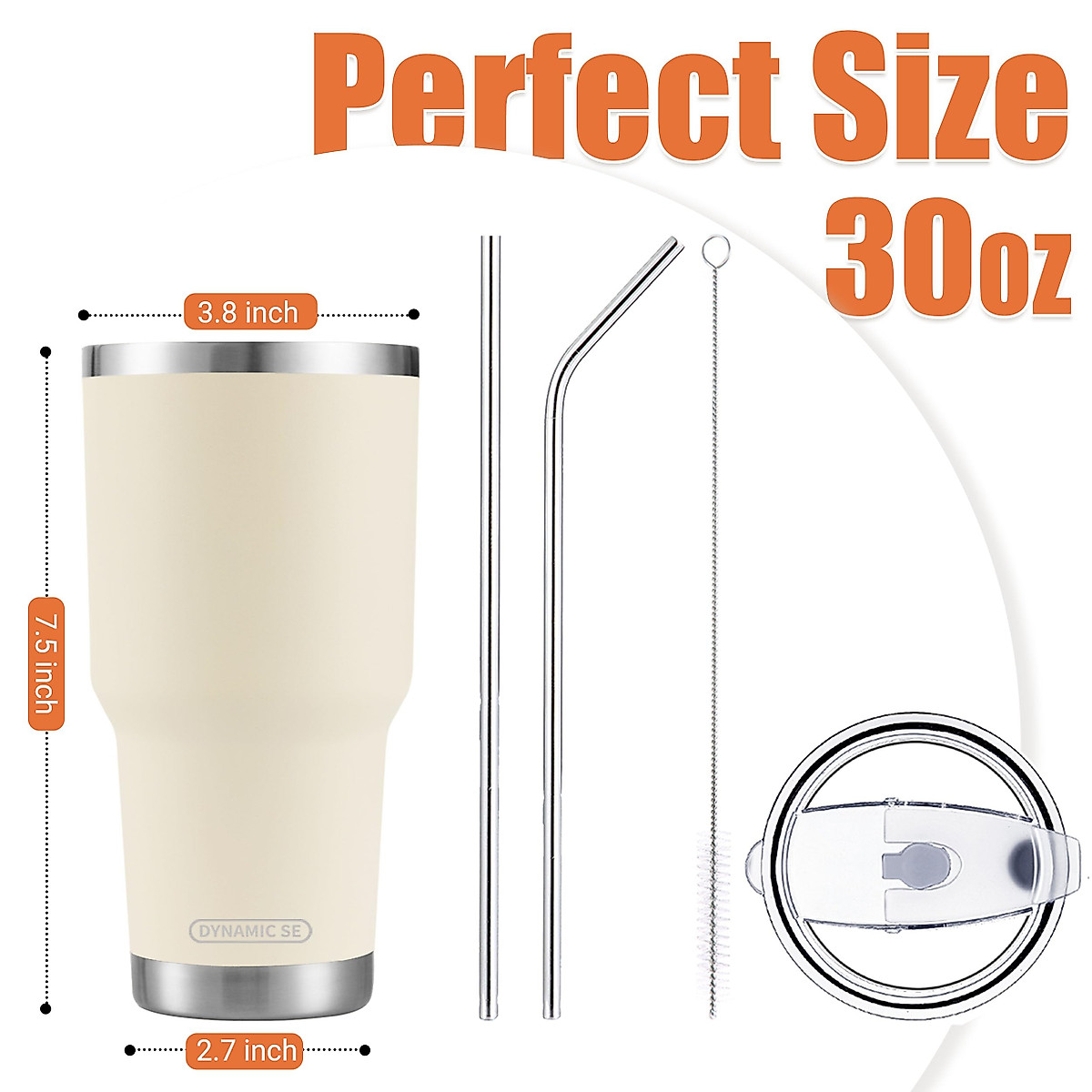 D·S 30oz Cream Tumbler Stainless Steel Insulated Travel Mug with Straw Lid Cleaning Brush (30oz Cream)