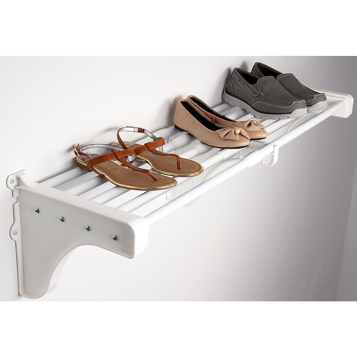 EZ Shelf-Expandable-Closet Shelf (NO Hanging Rod)- 30” to 50” -White-Easy Install to Backwall(Floating)-Wire Closet Shelving Alternative-(EZS-SW48-1-2)