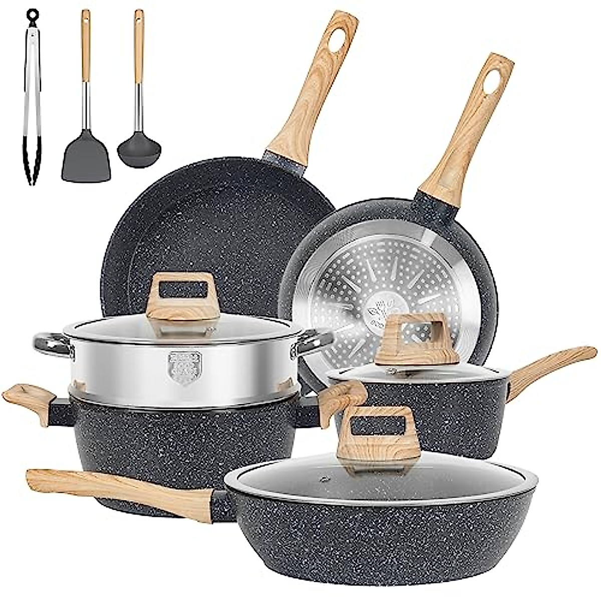 SODAY Pots and Pans Set, Nonstick Kitchen Cookware Sets, 12 Pcs Induction Cookware Granite Cooking Set with PFOS & PFOA Free Frying Pans, Saucepans, Steamer Silicone Shovel Spoon & Tongs (Black)