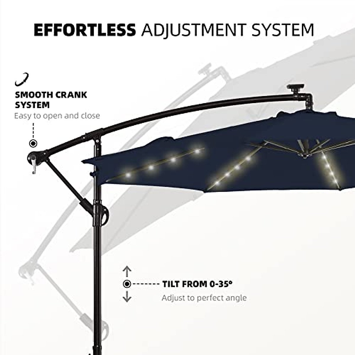 wikiwiki 10 FT Solar Offset Hanging Umbrella, Lighted Patio Cantilever Umbrella with 32 Lights, Infinite Tilt, Fade Resistant RECYCLED FABRIC Canopy & Cross Base, for Yard, Garden & Deck(Navy Blue)