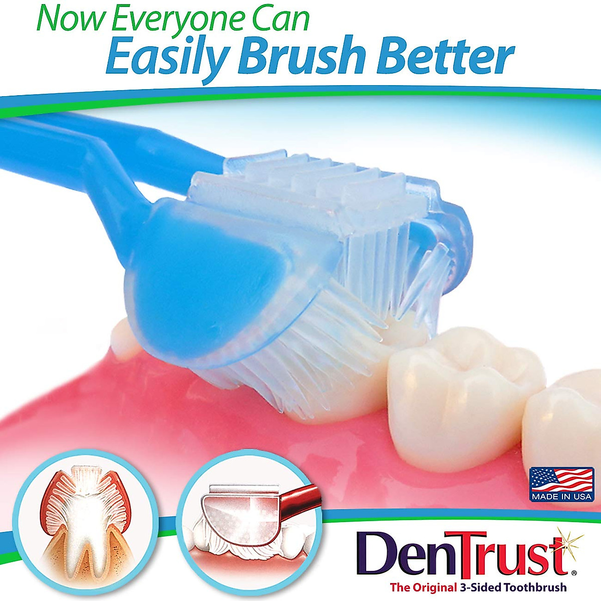DenTrust | Triple Clean 3-Sided Toothbrush | Made in USA | Extra Gentle Soft Heads | Tongue Cleaner for Fresh Breath | Child Autism Special Needs