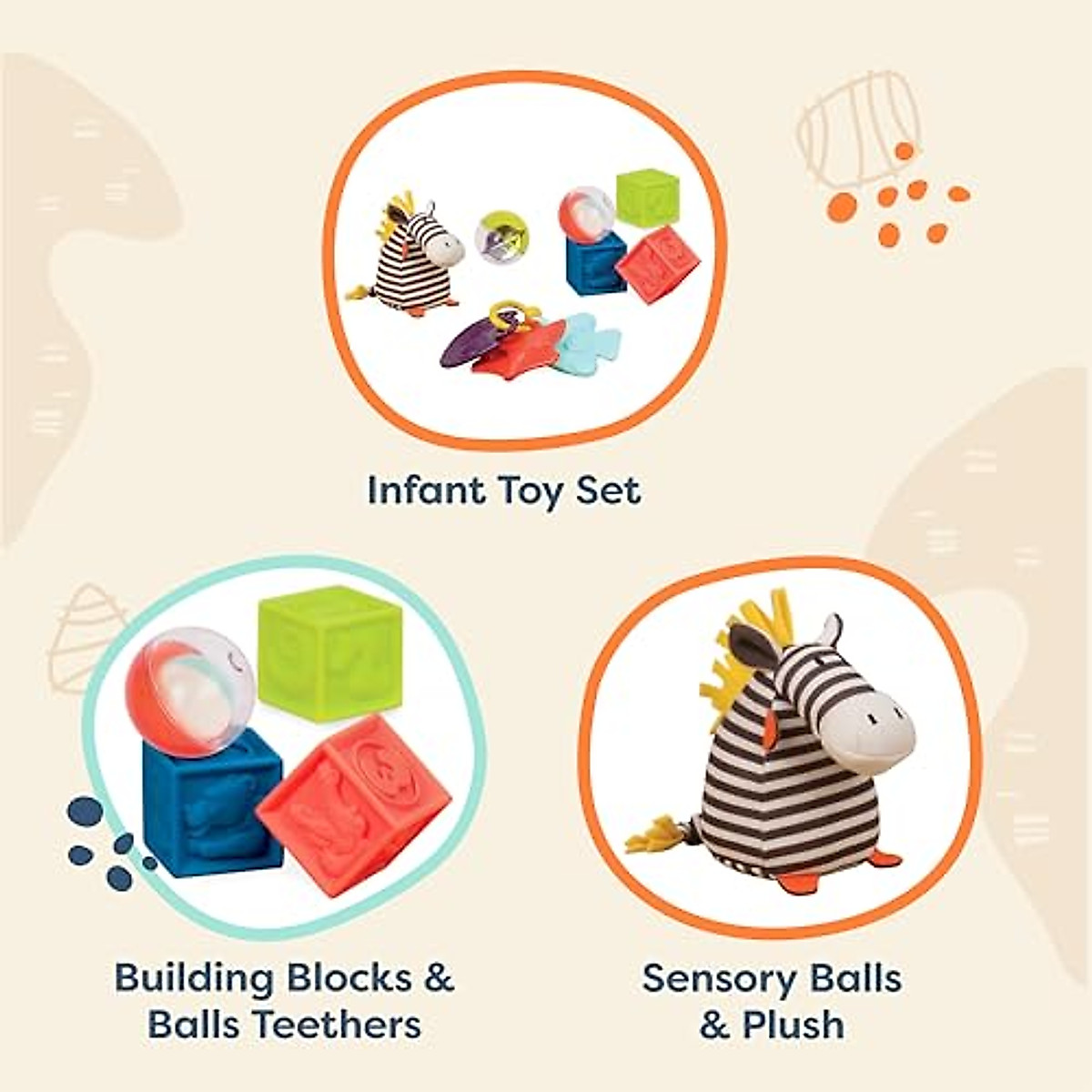 B. toys- B. baby – Baby Play Set – Sensory Baby Toys – Building Blocks, Balls- Teethers, Plush Zebra – Toys For Infants, Babies – Wee B. Ready