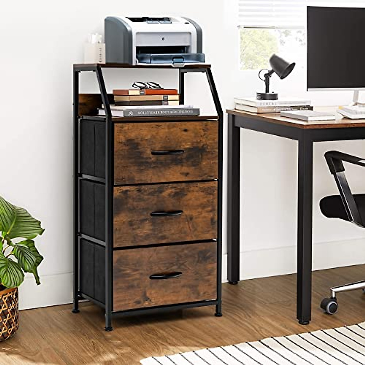 Giantex 3 Drawers Dresser, Storage Tower w/ 3 Foldable Fabric Drawers & Open Shelves, Wooden Top & Metal Frame, Anti-Tipping Design, Tall Storage Chest of Drawers for Bedroom, Hallway, Closet