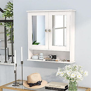 Byroce Bathroom Medicine Cabinet, Bathroom Wall Cabinet with 2 Mirror Doors & Adjustable Shelf, Over Toilet Storage, Wood Wall Mounted Storage Cabinet for Laundry Room, Living Room, Kitchen (White)