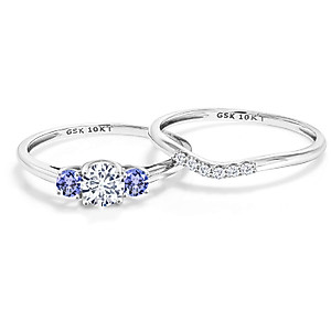 10K White Gold Forever Brilliant Moissanite From Charles & Colvard and Blue Tanzanite and White Lab Grown Diamond 3-Stone Bridal Engagement Wedding Ring Set For Women (0.81 Cttw, Round 5MM, Size 5)
