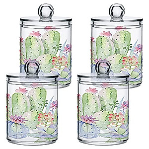 Kigai Beautiful Cactus Succulent Plant Qtip Holder Dispenser for Cotton Ball, Cotton Swab,Plastic Clear Apothecary Jar, Home Décor Kitchen Storage Jar,4 Pack