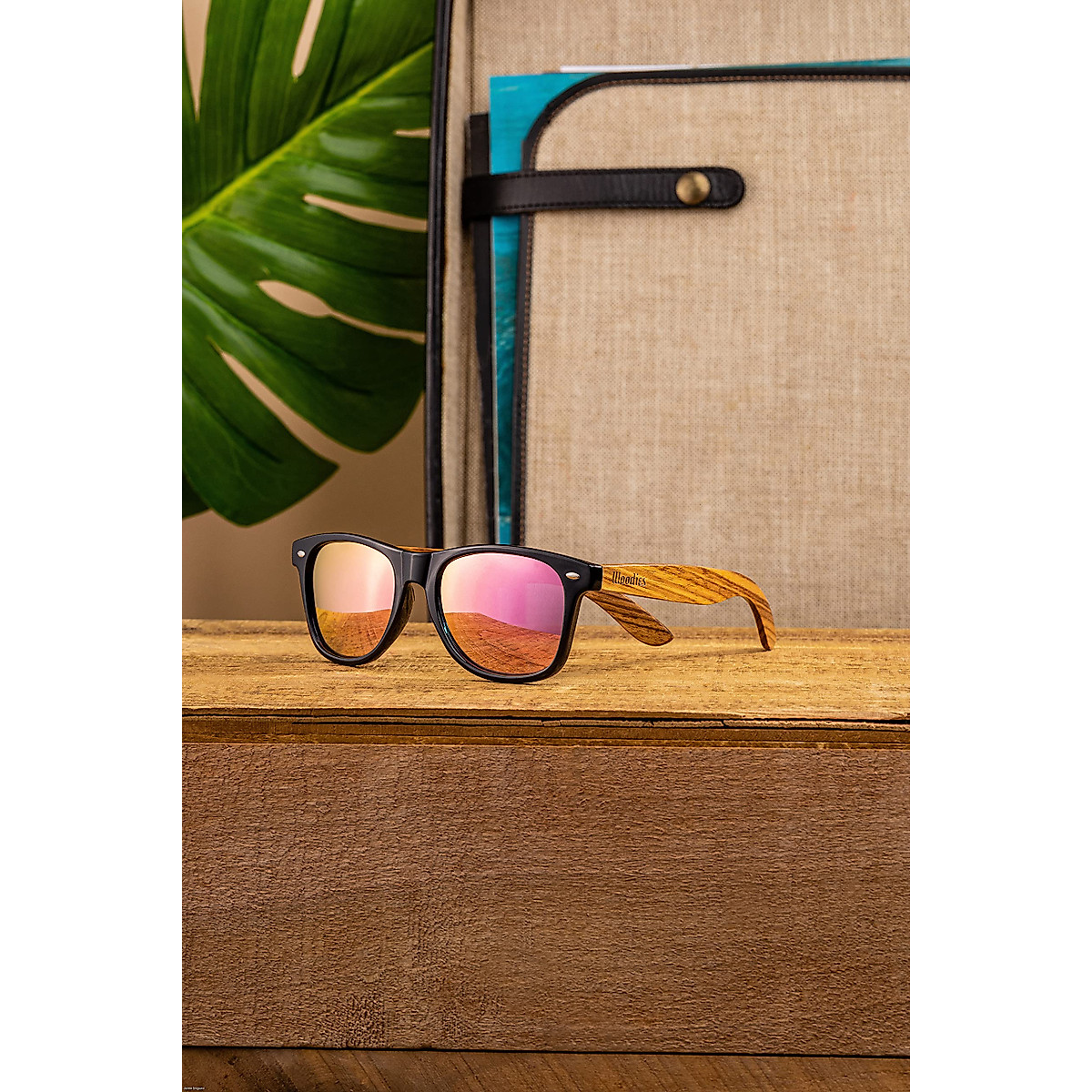 Woodies Zebra Wood Sunglasses with Pink Mirrored Polarized Lens and Real Wooden Frame for Men and Women | 100% UVA/UVB Protection