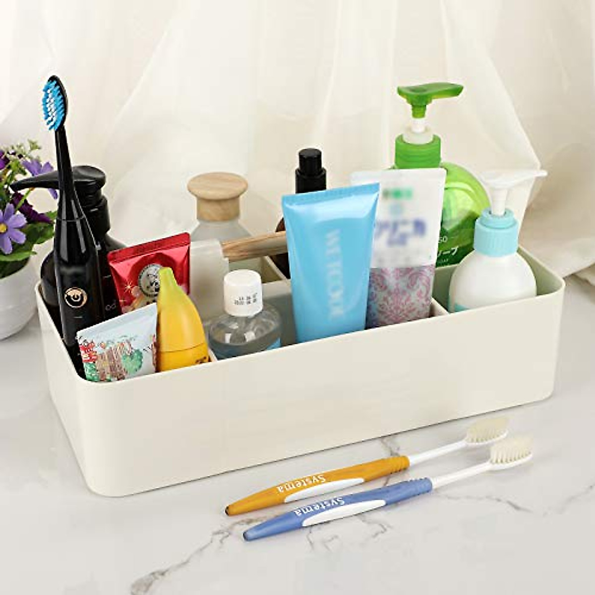 BTSKY Stackable Plastic Portable Storage Organizer Utility Caddy Tote,Divided Craft Storage Organizer Basket Bin with Wooden Handle for Craft, Sewing, Art Supplies, Office Supplies Beige White