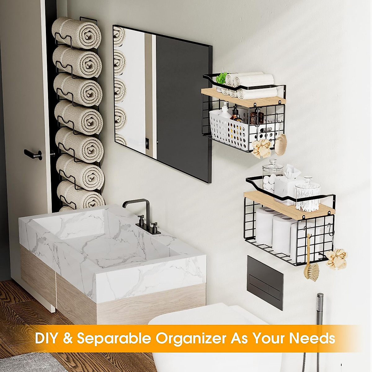 Towel Racks for Bathroom,Towel Rack Wall Mounted, 6 Tier Rolled Or Folded Towel Holder with Floating Shelves, Bathroom Towel Holder for Bath, Hand Towels,Metal,Walnut Wood Panel