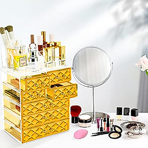 COMVTUPY Clear Makeup Organizer with Brush Holder, Large Acrylic Cosmetic Display Cases Diamond Pattern Make Up Organizers and Storage for Vanity, Bathroom (3 Large, 4 Small Drawers, Yellow)