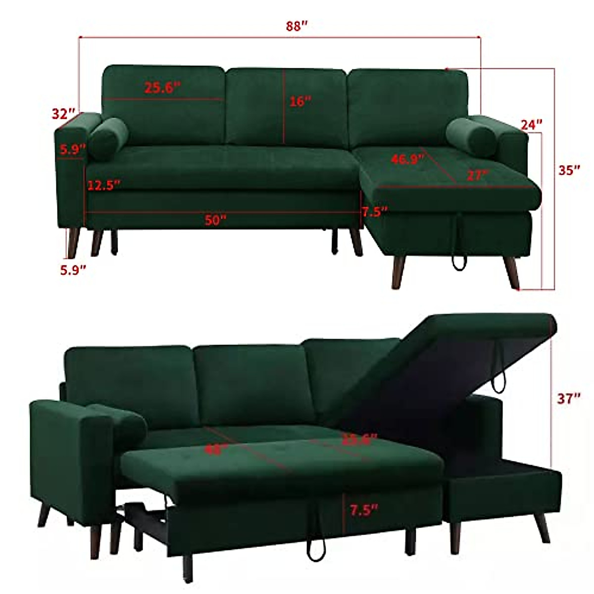 HABITRIO Sectional Sofa with Pull Out Bed, Green Velvet Upholstered 2 Seats Sleeper Sofa and Reversible Chaise Lounge w/Storage, Modern Design 88" L-Shaped Sleeper Sofa for Living Room, Apartment