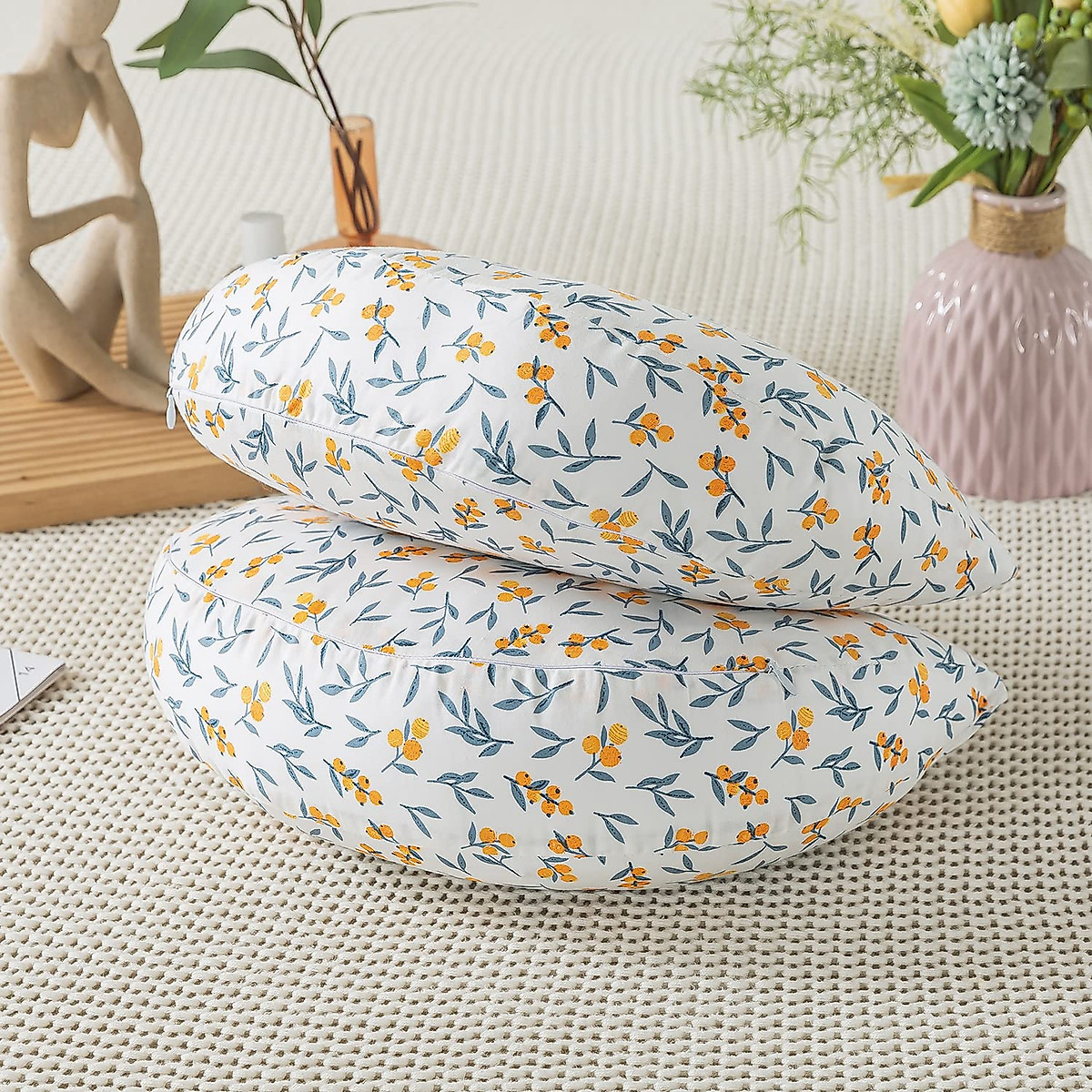 Lemfux Maternity Belly Double Wedge Pillows for Pregnant Women Sleeping, Small Adjustable Fruit Printed Pregnancy Pillow for Back Support, 100% Cotton, White, for Side Sleeper