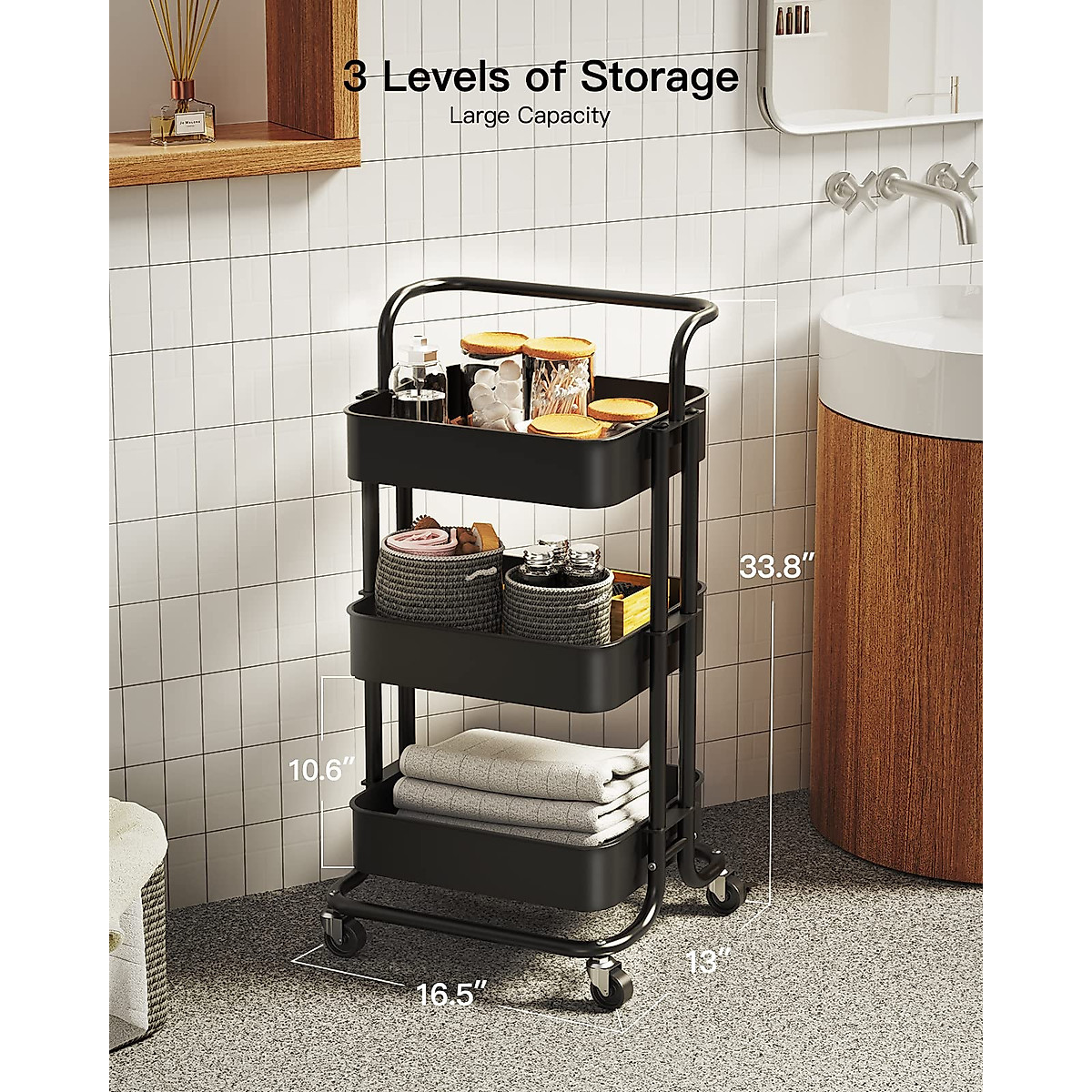 Totnz Rolling Utility Cart, 3-Tier Mesh Organization Cart with Lockable Wheels, Multi-Functional Storage Trolley for Office, Living Room, Kitchen, Laundry, Bathroom Storage, Black (TZUC01B)