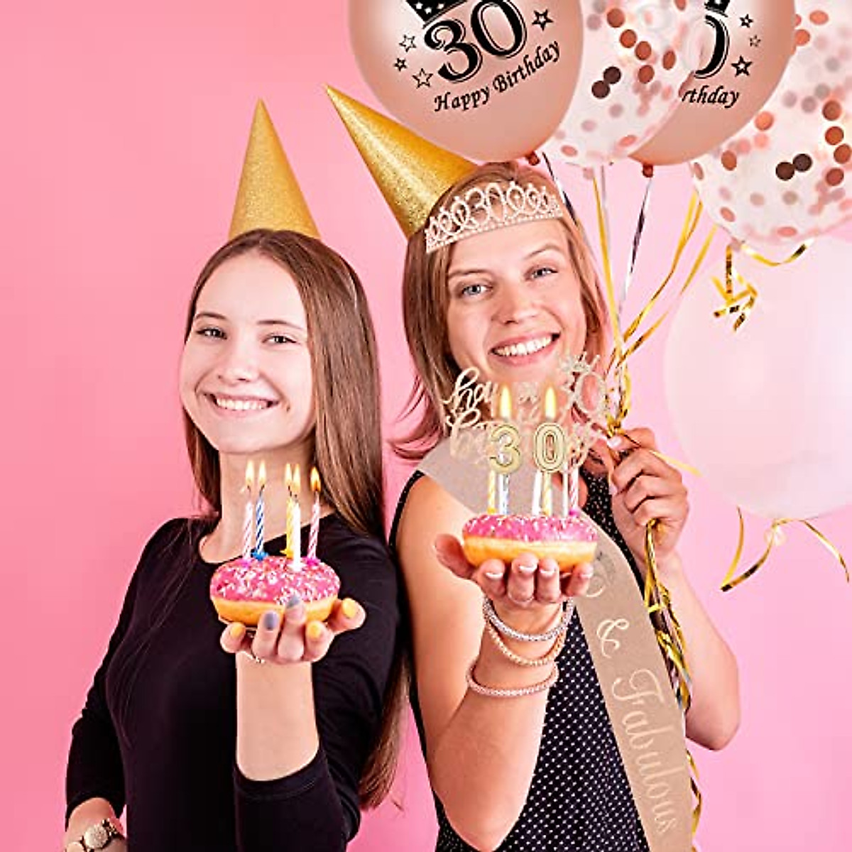 Chenkaiyang 30th Birthday Decorations, Birthday Crown and Sash for Girls Rhinestone Tiara Set Rose Gold Party Decors Including Candles, Cake Toppers and Balloons 30th Birthday Gifts for Girls