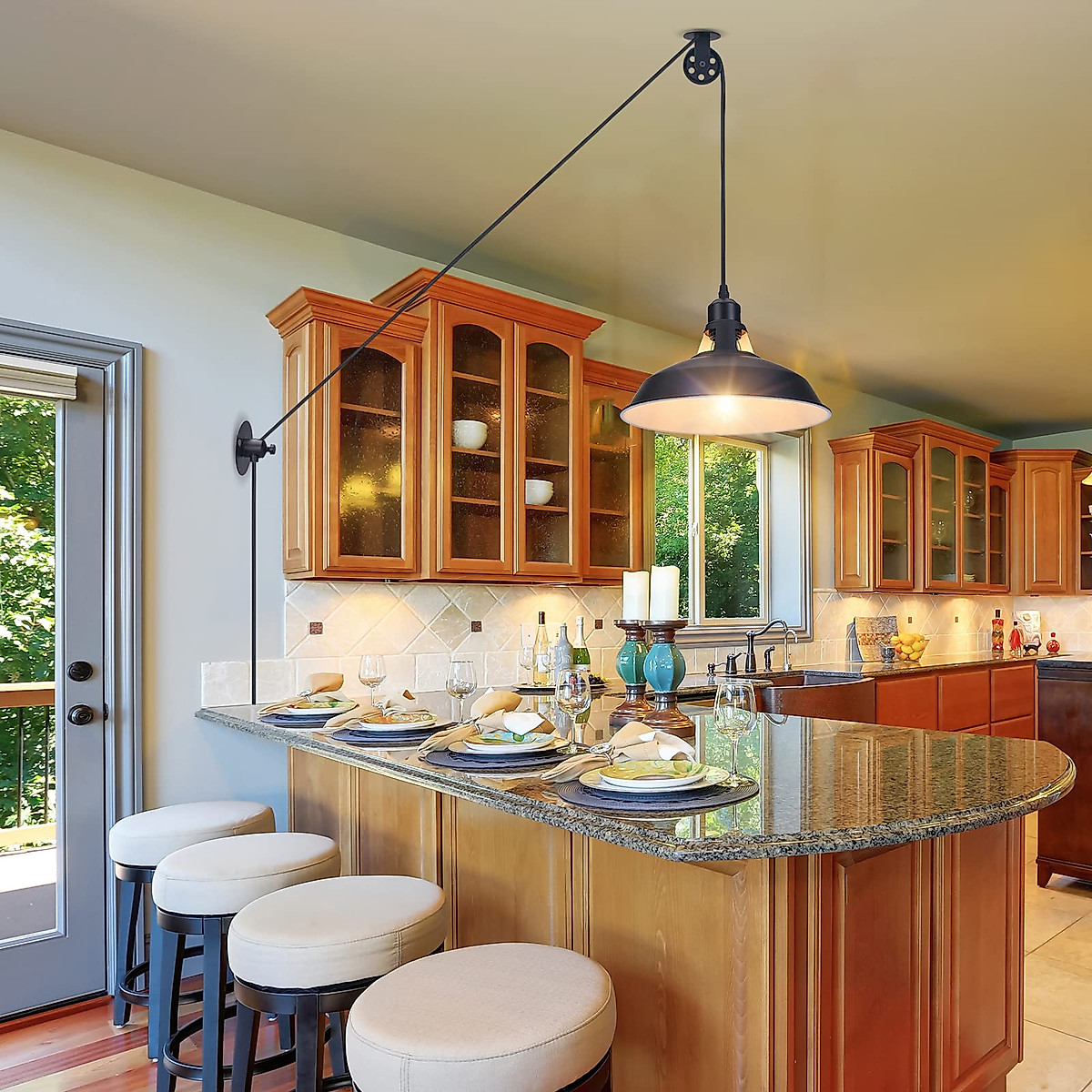 Lomoky Plug in Pendant Light, Hanging Lamp with Black Barn Pendant Lighting with 14.76ft Cord On/Off Switch, Adjustable Pulley Hanging Pendant Lighting for Kitchen Bedroom Restaurant 2 Pack