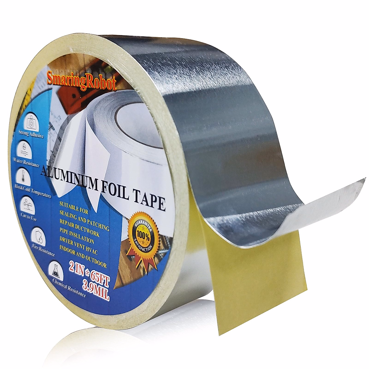 Premium Aluminum Foil Tape, Silver Duct Tape Heavy Duty, Metal, Heat Resistant, Waterproof, High Temperature Sealing Adhesive Tape for Ductwork Dryer Vent HVAC Insulation (2in x 65ft x 3.9mil, 1 Roll)
