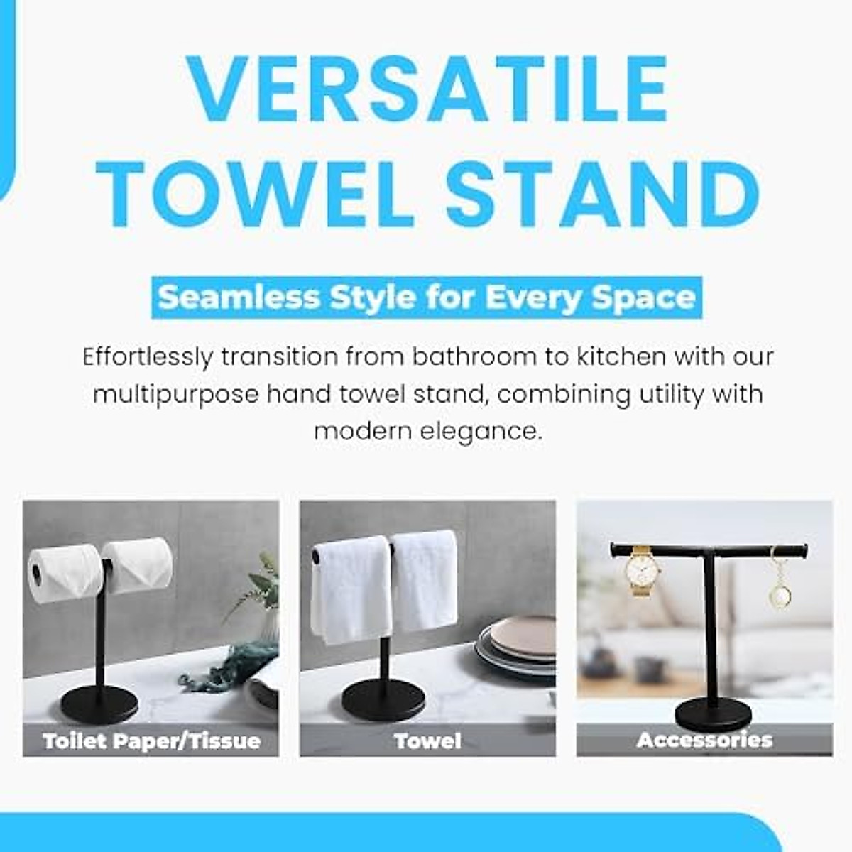 Towel Rack T-Shape Foldable Bar, Hand Towel Stand for Bathroom, Hand Towel Holder Stand for Bathroom,Kitchen,Vanity Countertop,Free Standing Rack Matte Black Stainless Steel with Heavy Anti-Slip Base