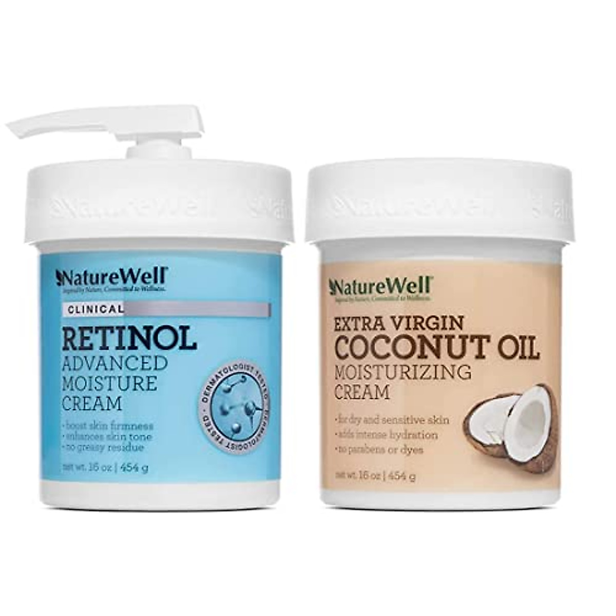 NatureWell Retinol + Coconut Oil Bundle, Retinol Advanced Moisturizer (16 Oz) + Extra Virgin Coconut Oil Moisturizer (16 Oz), Non-Greasy, Ultimate Hydration, For Face & Body