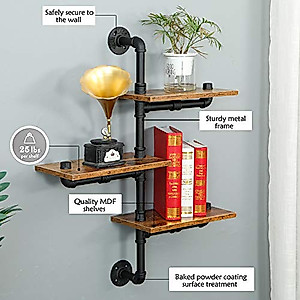 HEONITURE Industrial Pipe Shelving, Pipe Shelves with Wood Planks, Floating Shelves Wall Mounted, Retro Rustic Industrial Shelf for Bar Kitchen Living Room