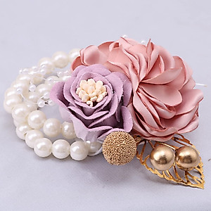 GoldenPlayer Wedding Bridal Wrist Flower Girl Bridesmaid Wrist Corsage Decor for Prom Party Wedding (Pink-Purple, Pack of 6)