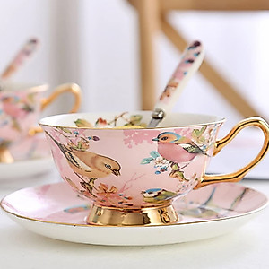 Pfedxoon Pink Bird Tea Cup with Saucer Spoon 3 Piece Set（7oz） Cappuccino Cups, Coffee Cups, Tea Cup Set, British Coffee Cups, Porcelain Tea Set, Latte Cups, Mother's Day Gift