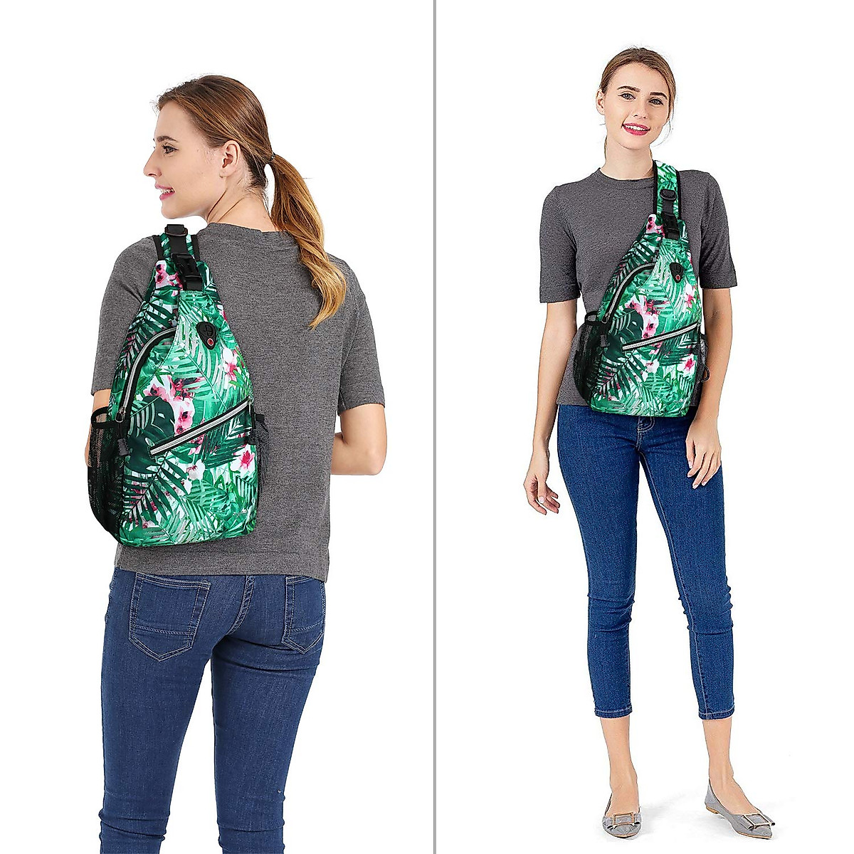 MOSISO Sling Backpack,Travel Hiking Daypack Pattern Rope Crossbody Shoulder Bag, Palm Leaf Flower