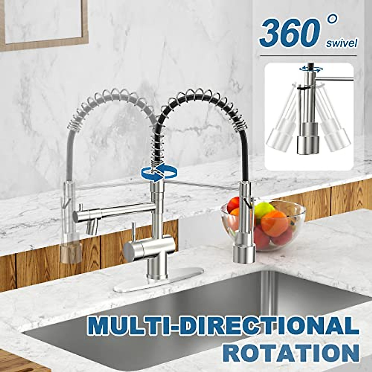 Kitchen Faucet with Pull Down Sprayer, Brushed Nickel Kitchen Faucet, Commercial Faucet for Kitchen Sink, Single Handle Kitchen Sink Faucets Brass Pull Down Kitchen Faucet with Deck Plate