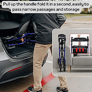 Henmnii Rollator Walker for Seniors, Lightweight Foldable All Terrain Rolling Walker with seat, Aluminum Walkers with 8 inch Rubber Wheels, Handles and Backrest for Seniors and Adult