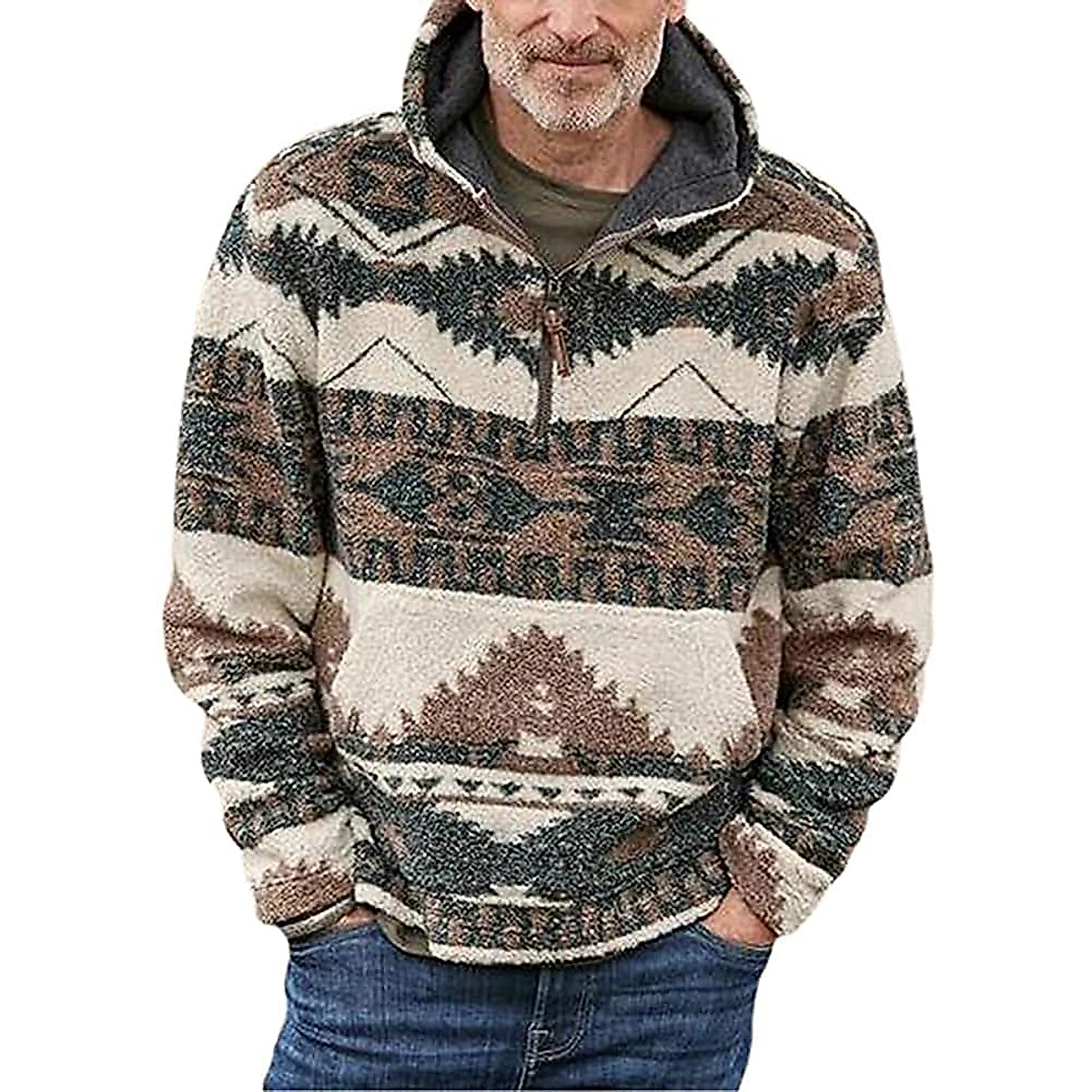 chouyatou Men's Tribal Aztec Printed 1/4 Zip Fuzzy Sherpa Pullover Sweatshirt Hoodie (Medium, Brown)