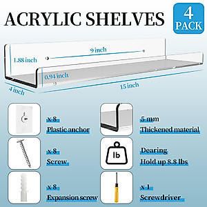 Hmdivor 4 Pack 15'' Clear Acrylic Shelves for Wall Mounted Display Ledge Storage Racks, Acrylic Floating Wall Shelves for Kids Book Shelves, Living Room, Bathroom, Bedroom, Kitchen
