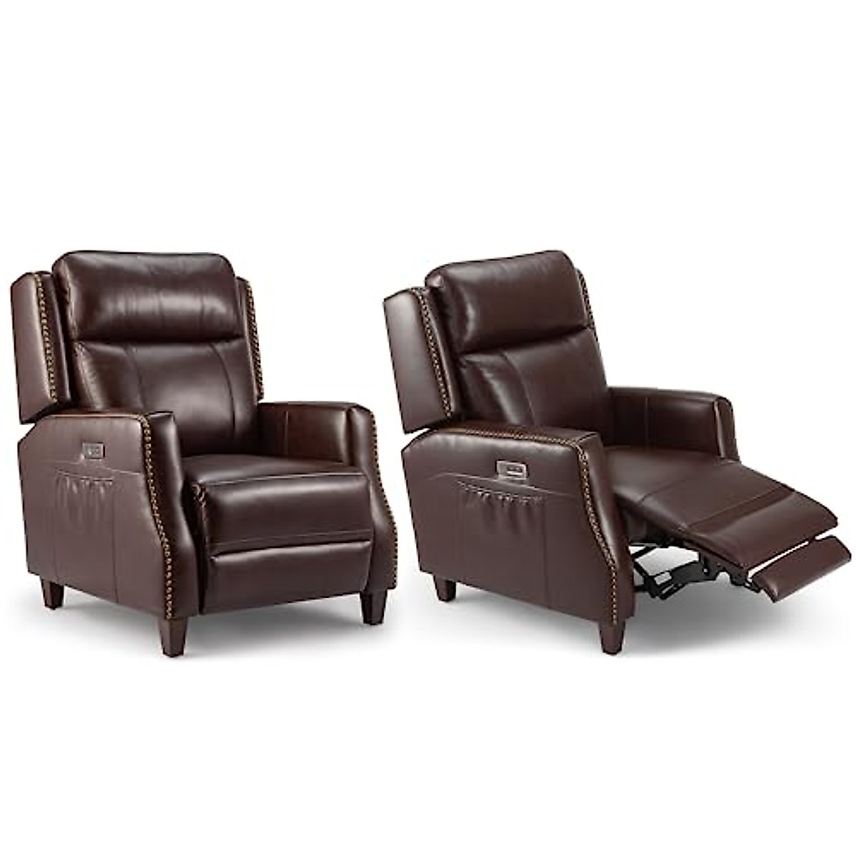 BMBMT Genuine Leather Recliner Chair 2 PCS Sofa with Double Layer Backrest, Power Recliner, Retro Rivet Design, High-Density Sponge Recliner Chair for Living Room, Brown