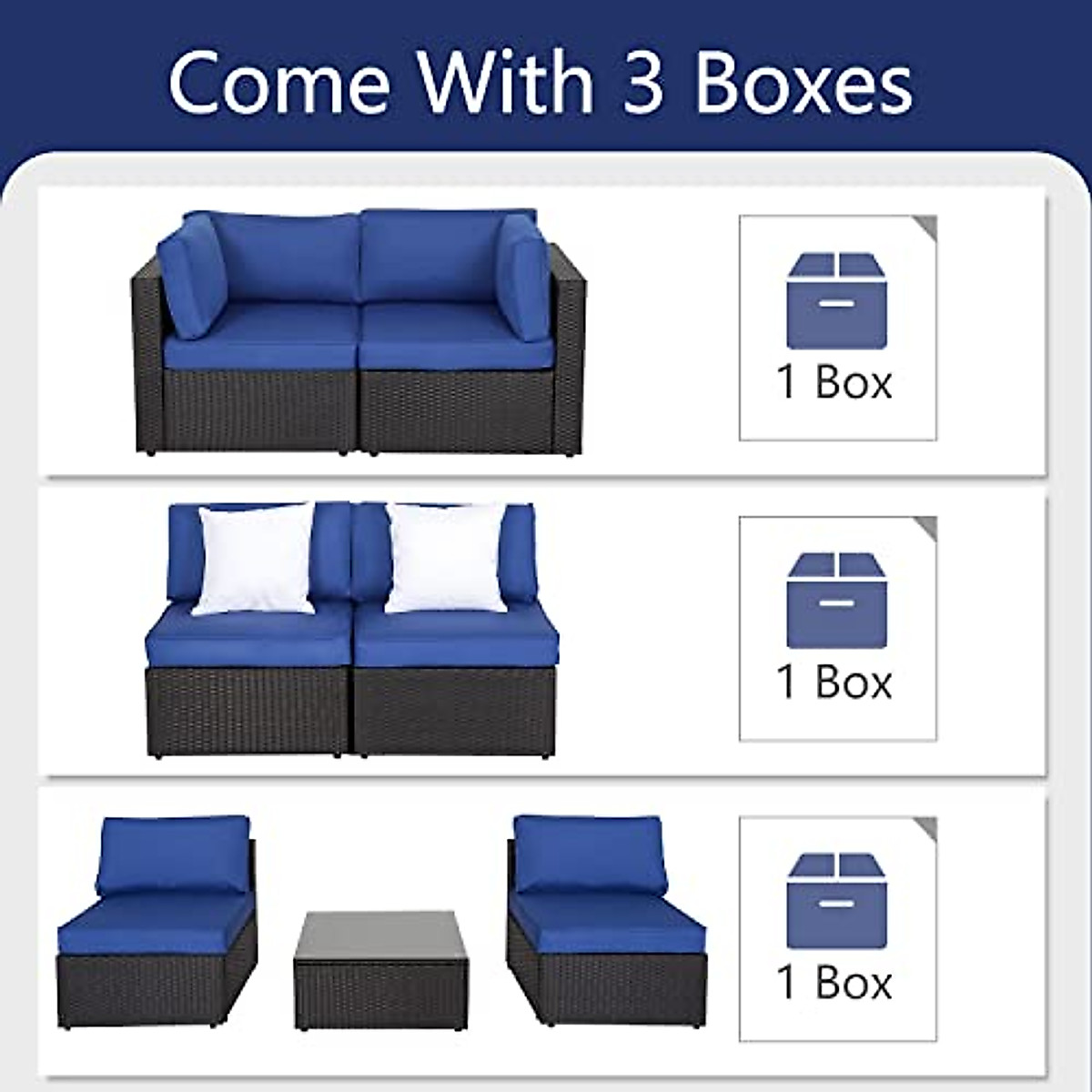Kinfant Outdoor Patio Furniture Set Wicker Conversation Set - PE Rattan Sectional Sofa with Glass Table and Cushions for Garden Poolside Porch Balcony (Dark Blue)