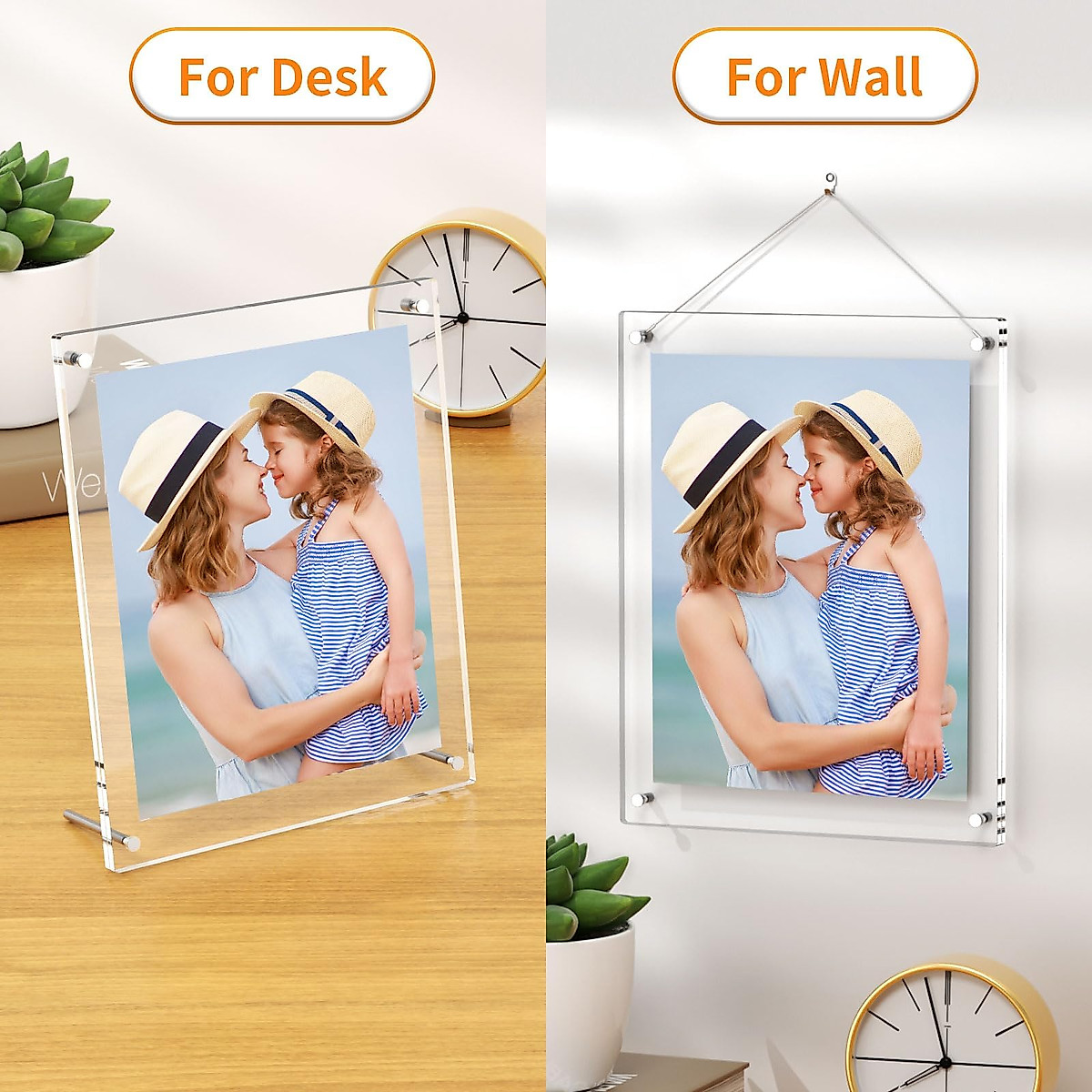 AITEE 11x14 Acrylic Picture Frames 2 Pack, Clear Desk Picture Frames with Stand, Modern Frameless Floating Frames Lucite Transparent Square Cubes Frame for Wall & Desktop Display Gift for Home Office