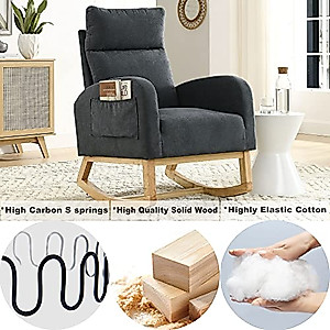 Modern Accent High Back Living Room Lounge Arm Rocking Chair, Upholstered Glider Rocking Chair For Baby And Kids, Comfortable Armchair With Side Pockets For Baby Room/Living Room/Bedroom (Black)