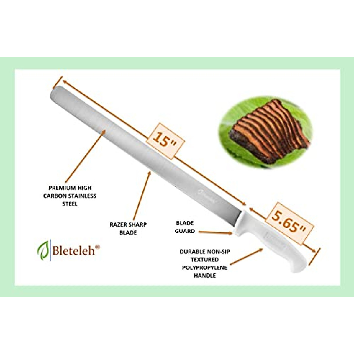 Bleteleh Extra-Long 15-inch Blade Slicing Roasting Knife, Straight Blade, White Handle