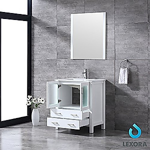 Lexora Volez 30 in W x 18.25 in D White Bath Vanity, White Ceramic Top and 28 in Mirror