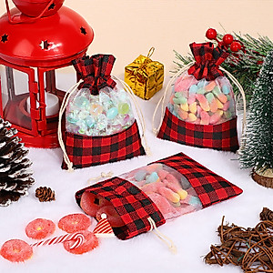MIMIND 48 Pack Christmas Linen Burlap Sheer Bags with Drawstring Red and Black Buffalo Plaid Burlap Organza Bags Small Drawstring Burlap Gift Bag for Xmas Wedding Birthday Party Favors, 4 x 6 Inch
