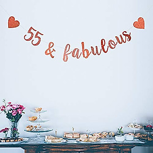 55 & Fabulous Banner, Happy 55th Birthday Bunting Sign, Hello 55/Cheer to 55 Years Birthday/Anniversary Party Decoration Supplies, Rose Gold Glitter