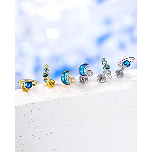 Melighting Labret Jewelry Internally Threaded 16G Blue Glitter Planet Labret Stud Stainless Steel 316L Moon Helix Earrings Star Tragus Conch Piercing Jewelry for Women