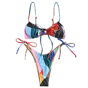 ZAFUL Womens High Cut Thong Bikini Set Swimsuits Cami String Sexy Bathing Suit Multicoloured
