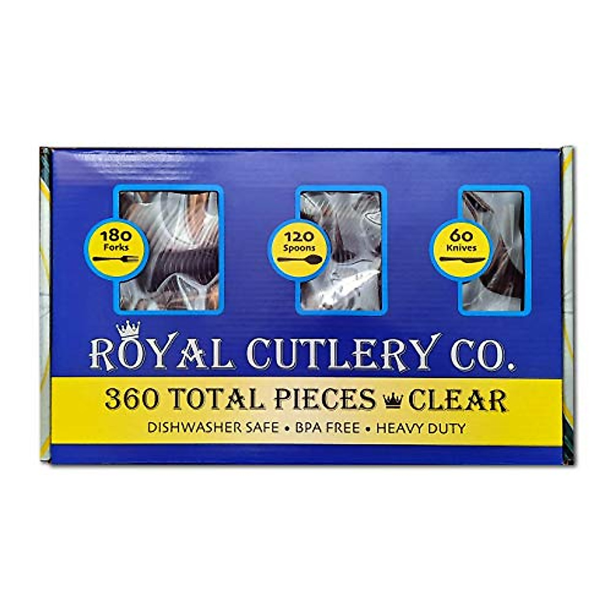 ROYAL CUTLERY CO. Disposable Cutlery set, Color: Clear, 360 Pieces, Heavy Duty Plastic Utensil Set, 180 Forks, 120 Spoons, 60 Knives.