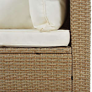 GLANZEND 3-Piece Rattan Sofa Weather PE Wicker Sectional Set with Adjustable Chaise Lounge Frame and Tempered Glass Table, Natural Brown+ Beige Cushion